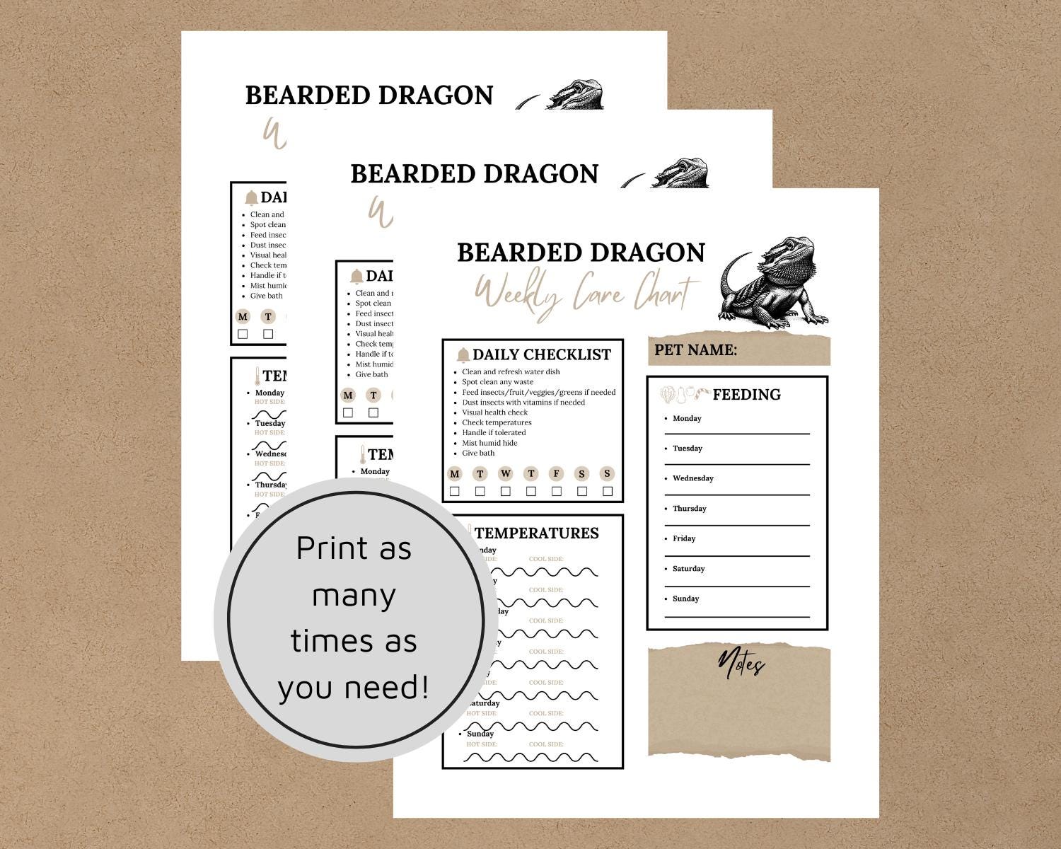 Bearded Dragon Weekly Care Chart - Etsy