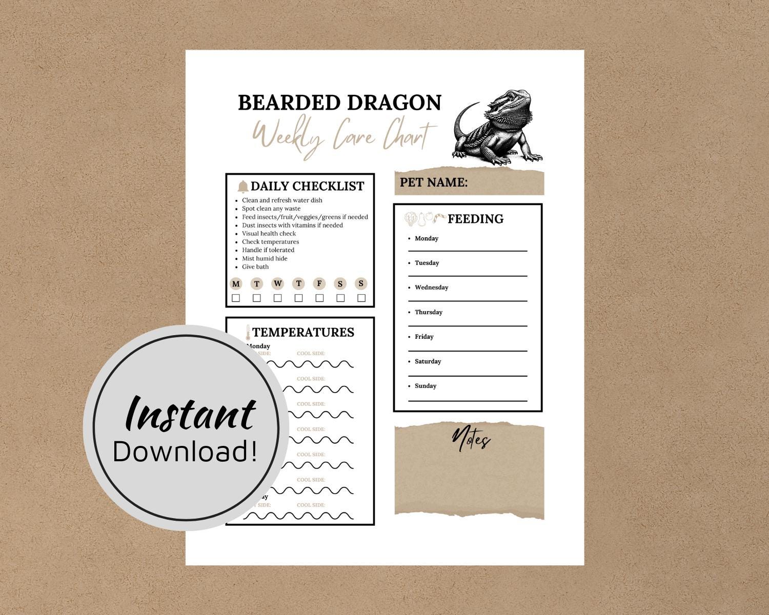 Bearded Dragon Weekly Care Chart - Etsy