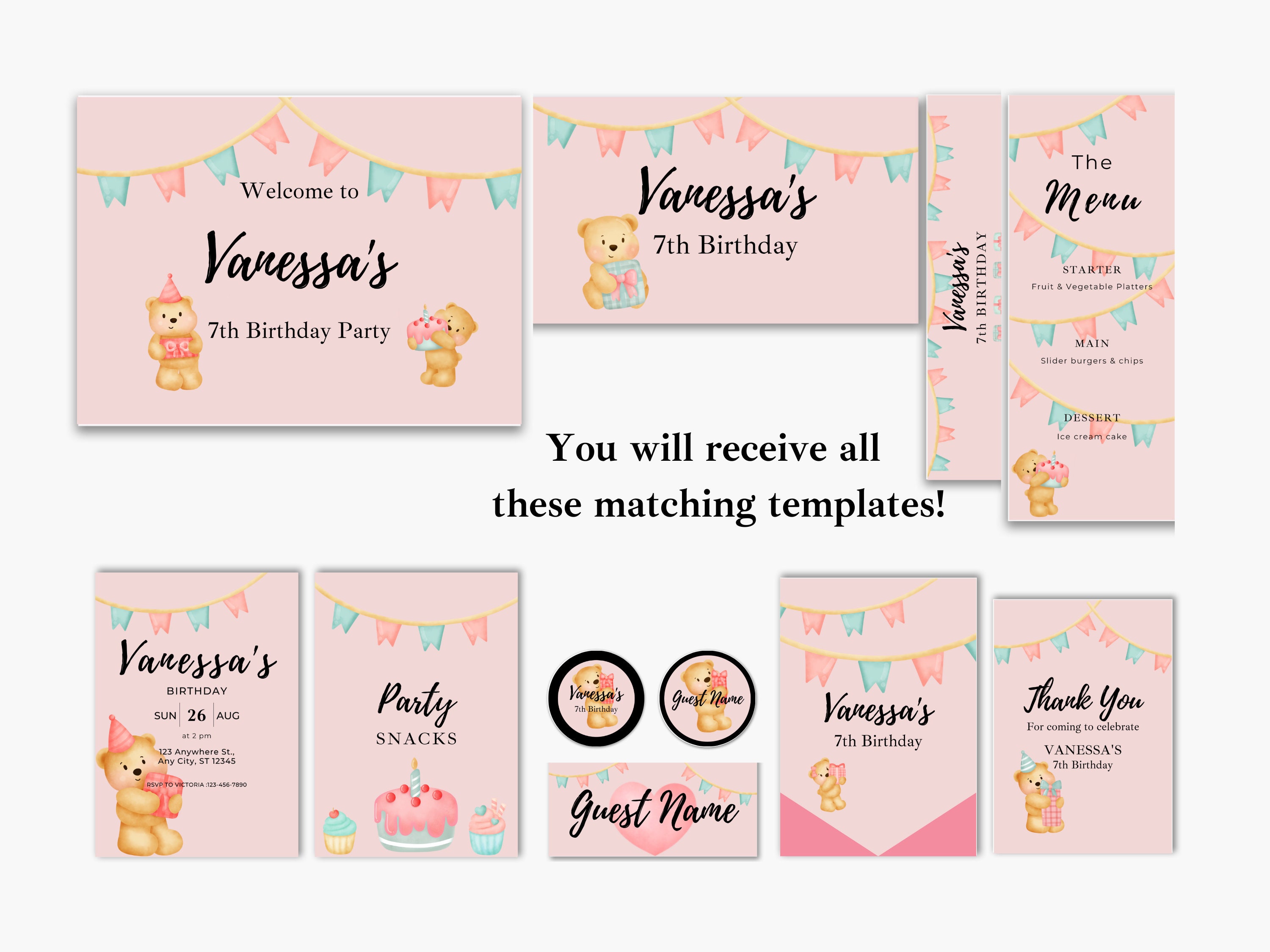 EDITABLE Teddy Bear Birthday Party Package Templates Instant Download ...