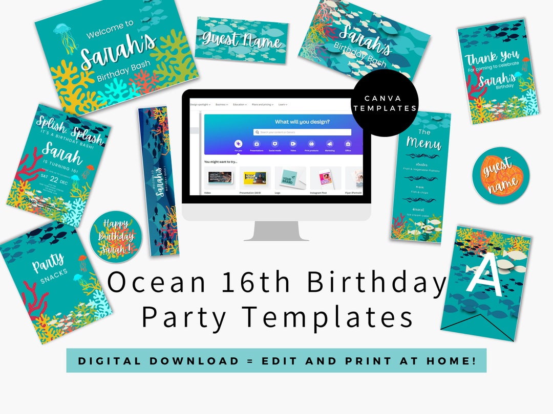 Ocean Theme 16th Birthday Printable Party Pack Editable - Etsy