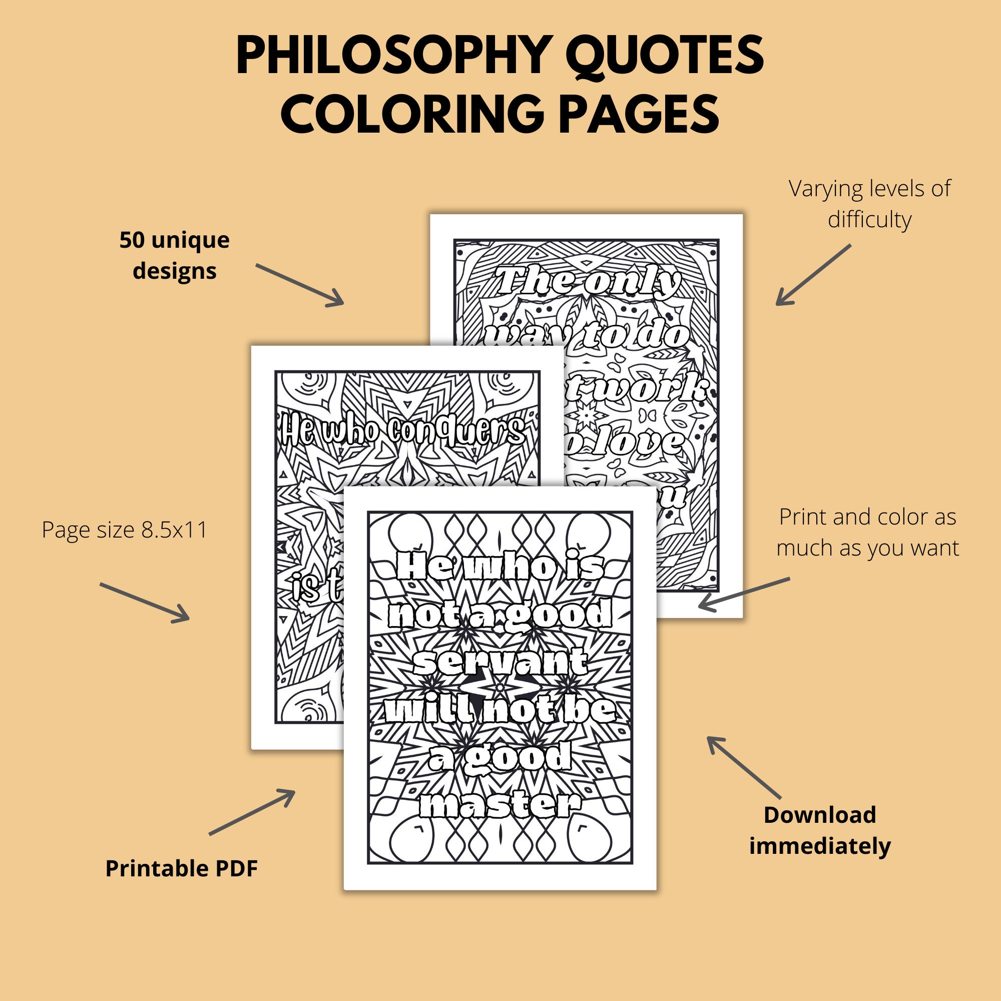 Philosophy Quotes 50 Coloring Pages Geometric Background Easy - Etsy