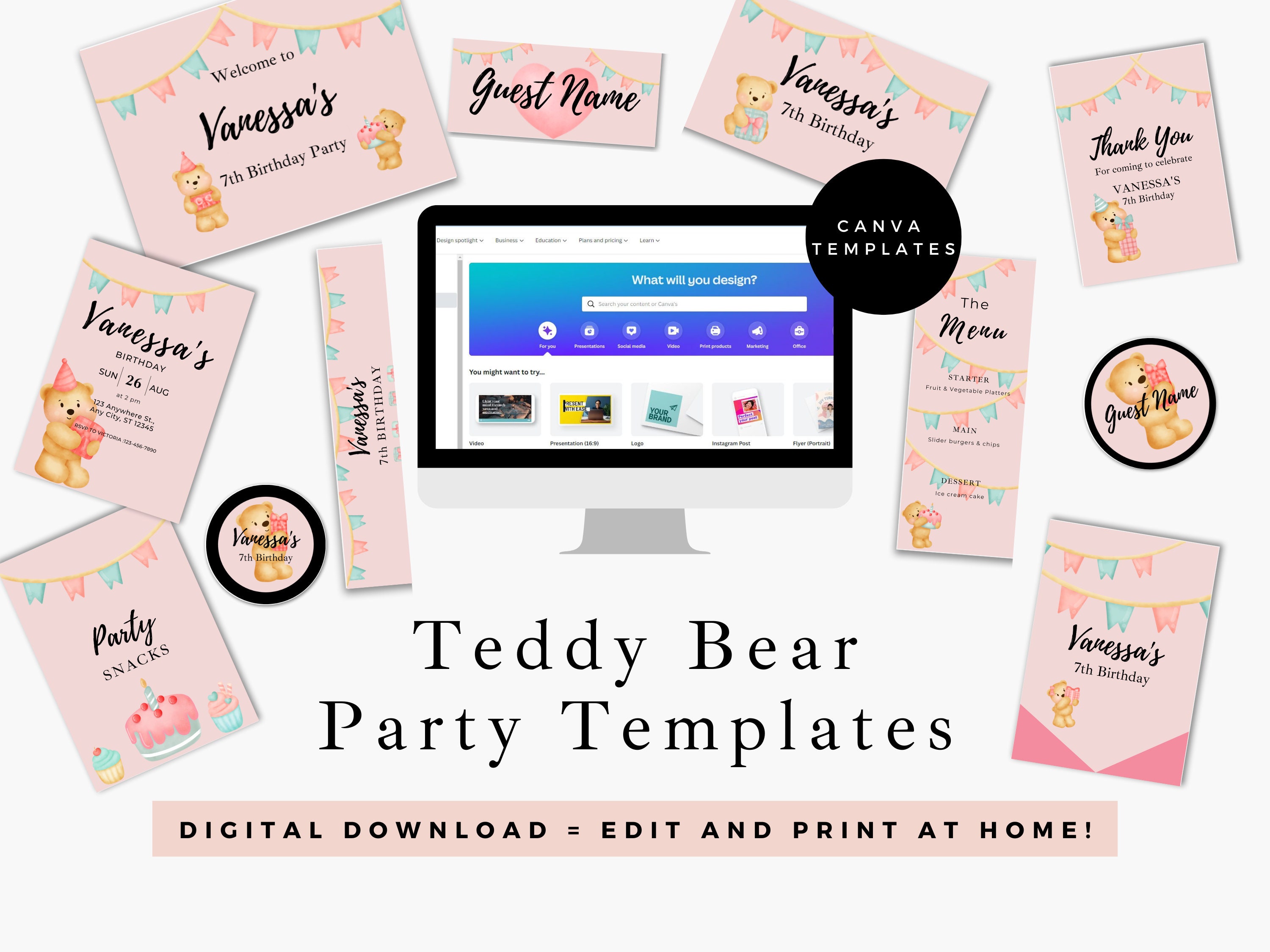 EDITABLE Teddy Bear Birthday Party Package Templates Instant Download ...