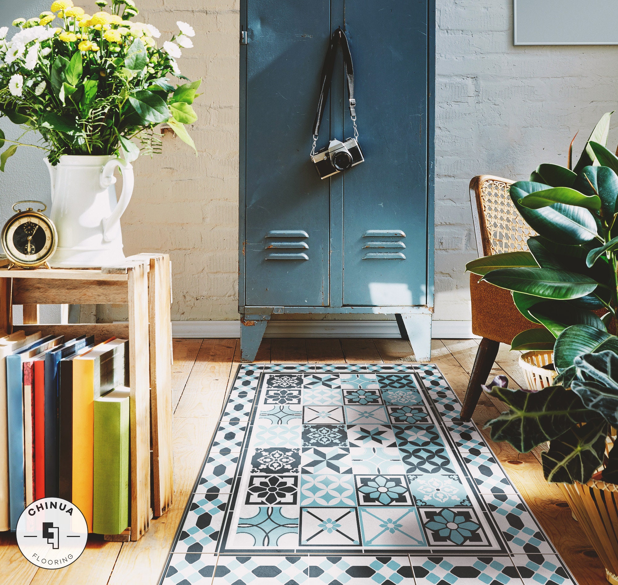 Tricolor Blue Vinyl PVC Mat Linoleum Rug Portuguese Decor - Etsy