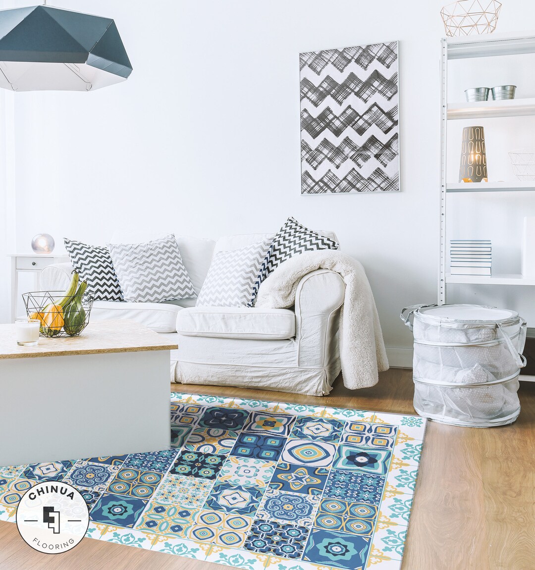 Azul Squares Vinyl PVC Mat, Floor Decor, Spanish Decor, Vinyl Floor Mat ...
