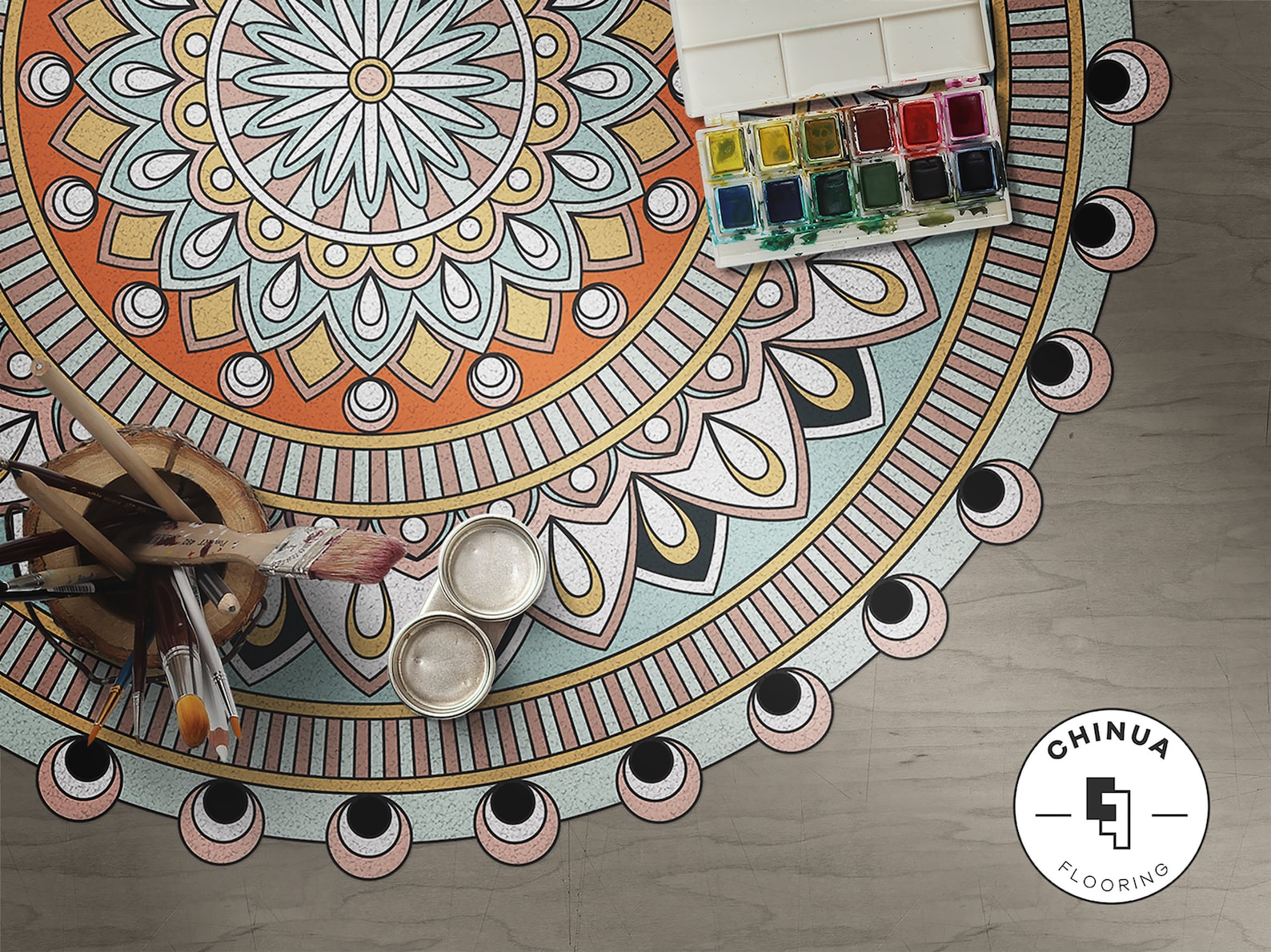 Round Circle #3M Vinyl Floor Mat, Vinyl Rug, Vinyl Mat, Oriental, Blue ...