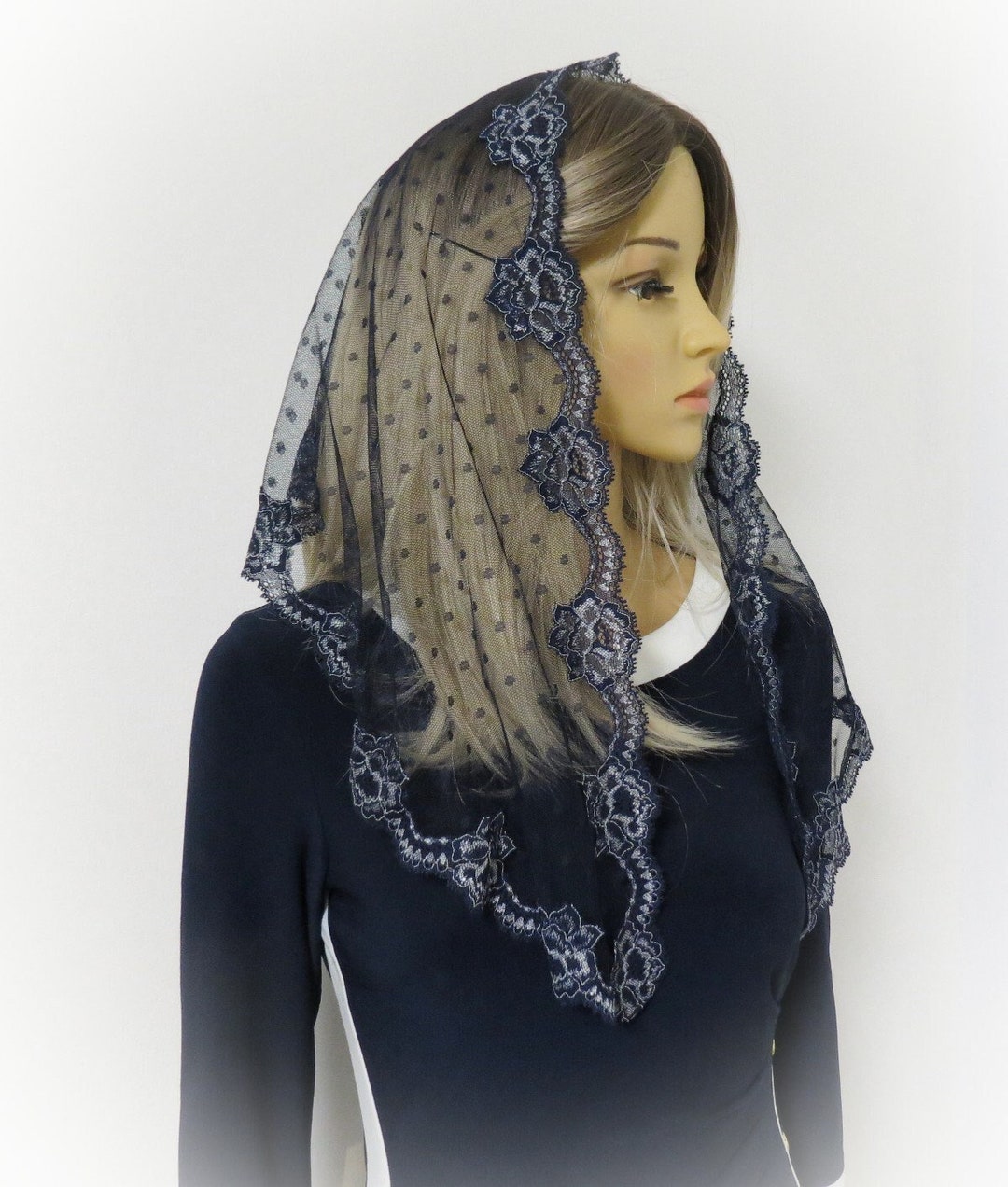 CHAPEL MANTILLA /lace Mantilla/navy Mantilla Chapel Veil/ Church ...
