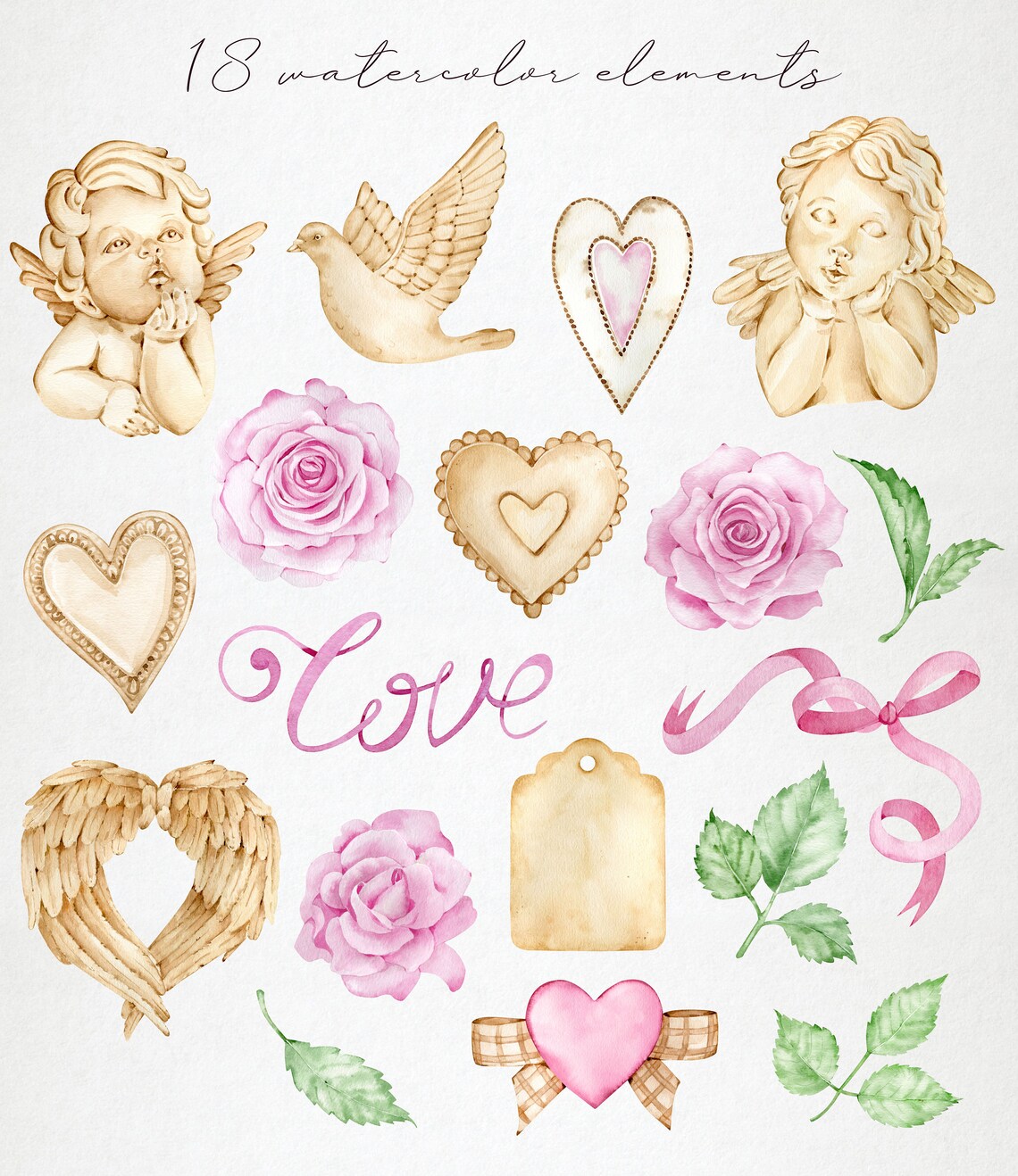 Watercolor Valentine's Day Clipart. Pink roses angels | Etsy