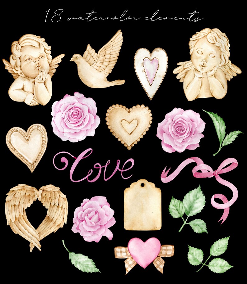 Watercolor Valentine's Day Clipart. Pink roses angels | Etsy