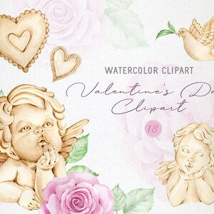 Watercolor Valentine's Day Clipart. Pink roses angels | Etsy