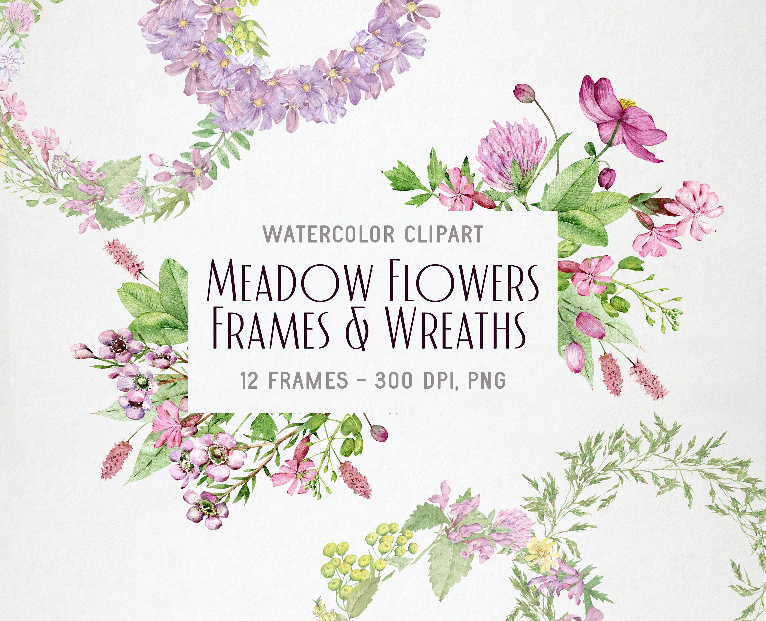 Watercolor meadow flowers frames. Wildflowers wreaths. Floral | Etsy