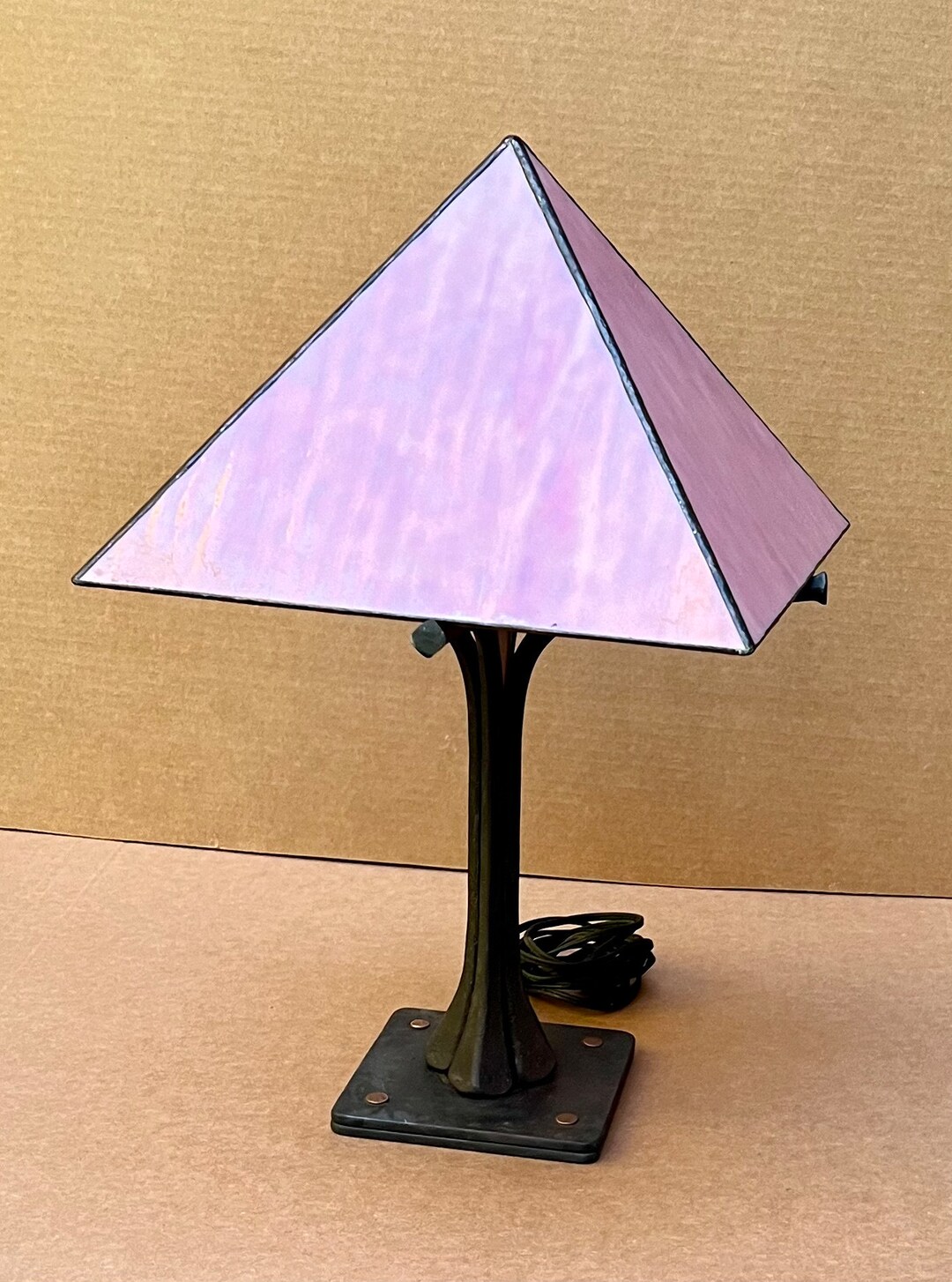 Stained Glass and Steel Han Craft Table Lamp Signed David Mazzarella ...