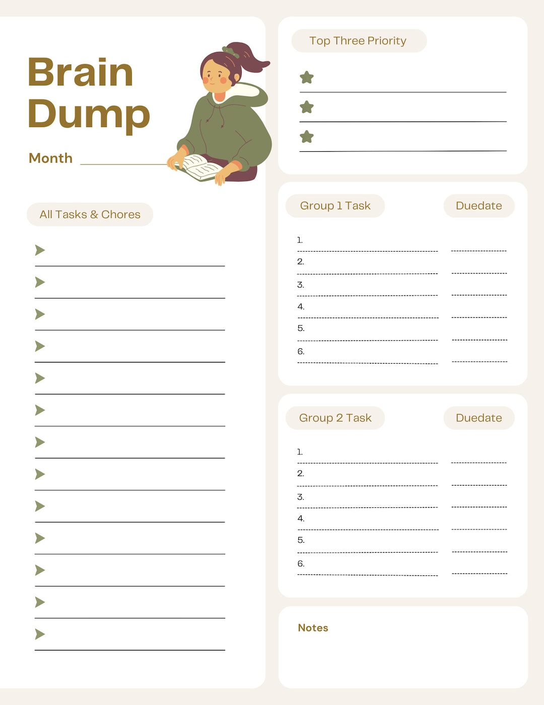 Downloadable Light Brown White Cute Brain Dump Task Organizer Journal ...