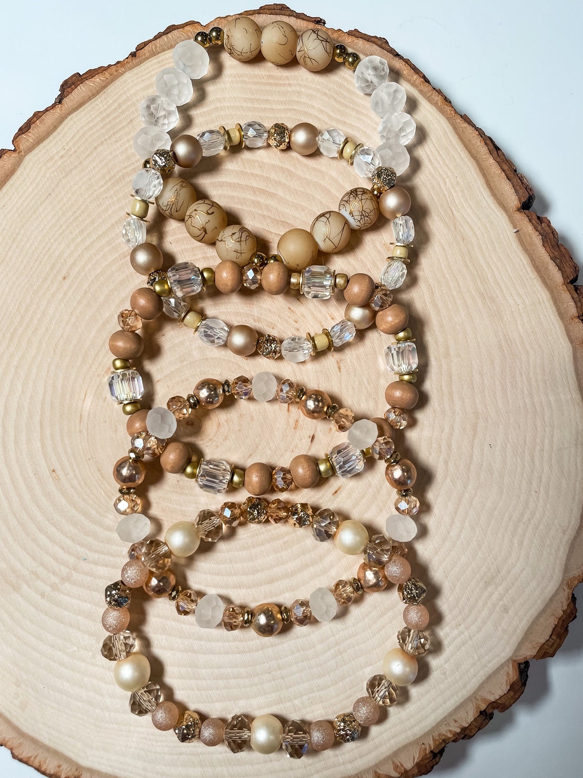 Neutral & Gold Toned Bracelet Stack - 5 Piece - Etsy