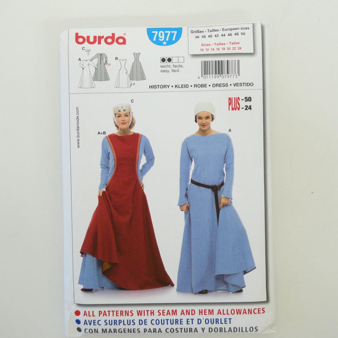 Burda 7977 Costume Sewing Pattern UNCUT Medieval Gown Misses Size 10 24 ...