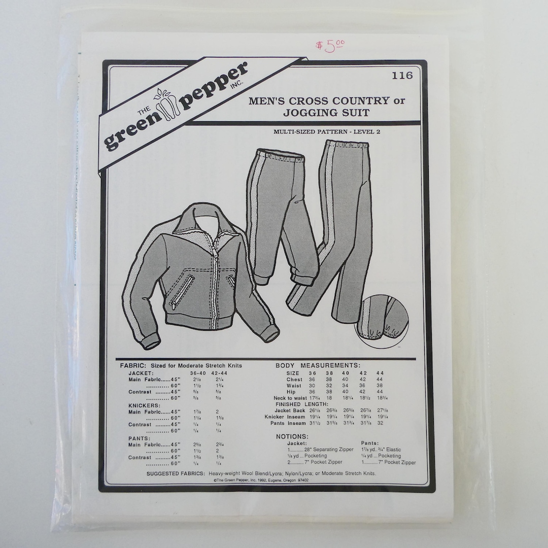 Vintage the Green Pepper Sewing Pattern 116 UNCUT Men's Cross Country or Jogging Suit Sweatshirt ...