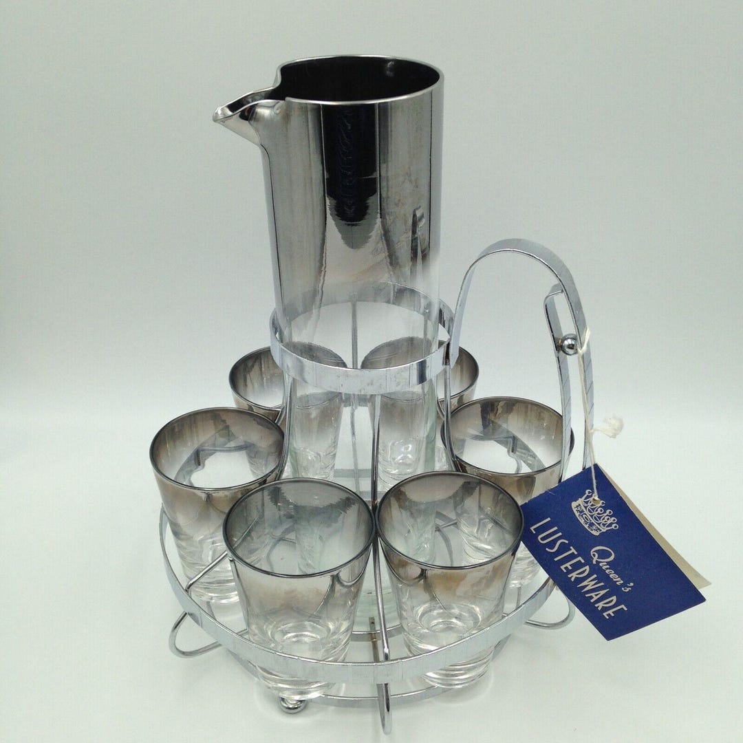Queens Lusterware Cocktail Set Silver Fade Pitcher Glasses Carrier Hang ...