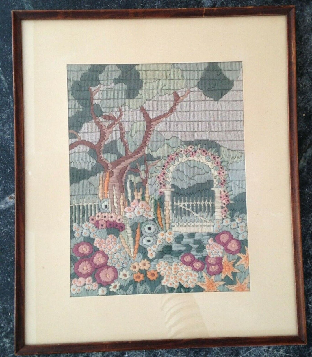 Finished Needlepoint Longstitch Garden Scene Gate Flowers Wood Frame ...