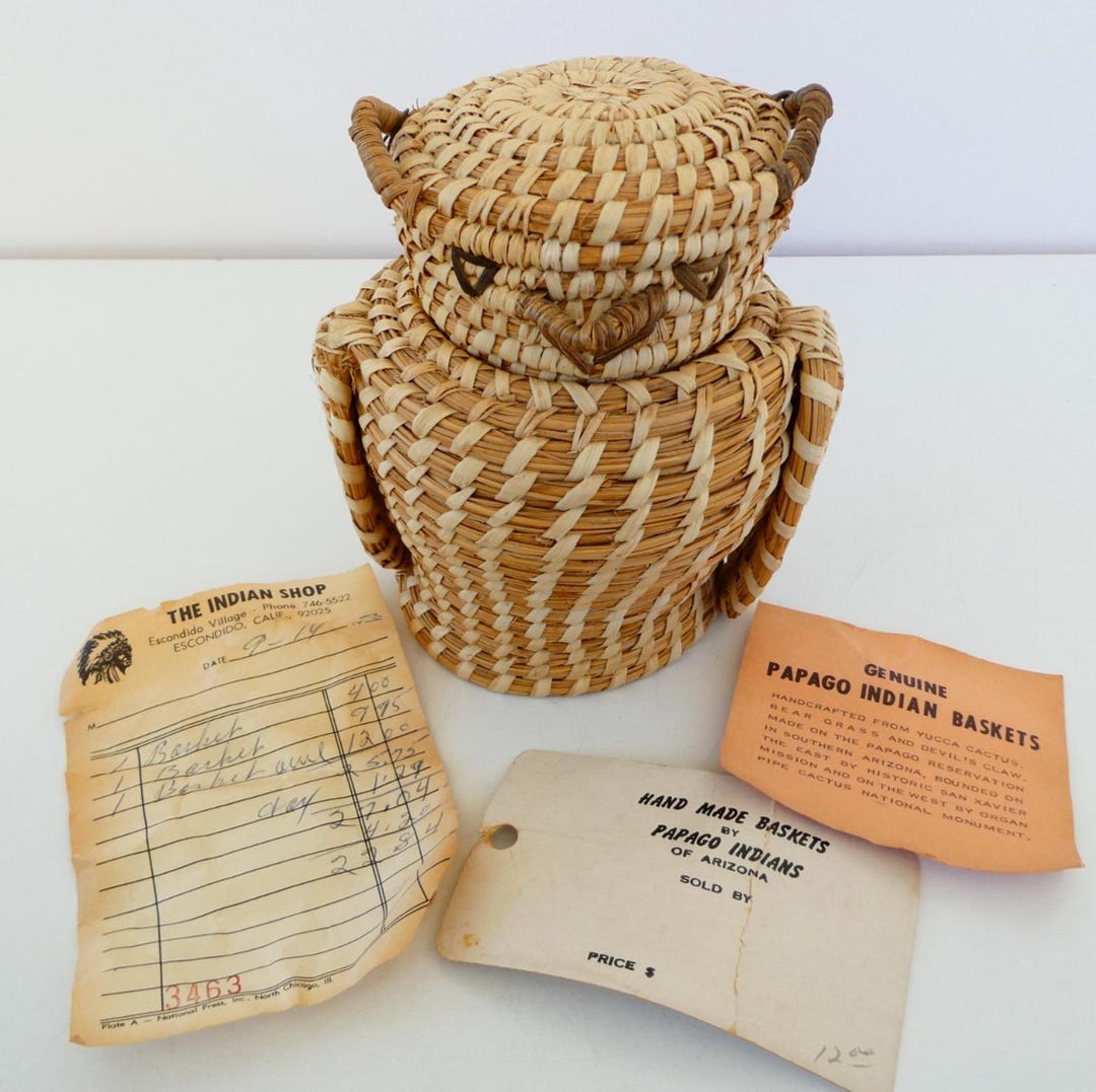 Papago Native American Owl Effigy Basket Bird 1970 VTG Weaving Orig ...
