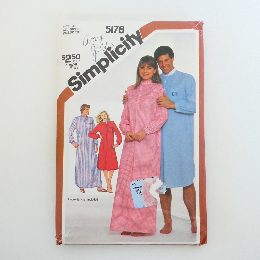 Vintage '80's Simplicity 5178 Sewing Pattern UNCUT Unisex Nightshirt or ...