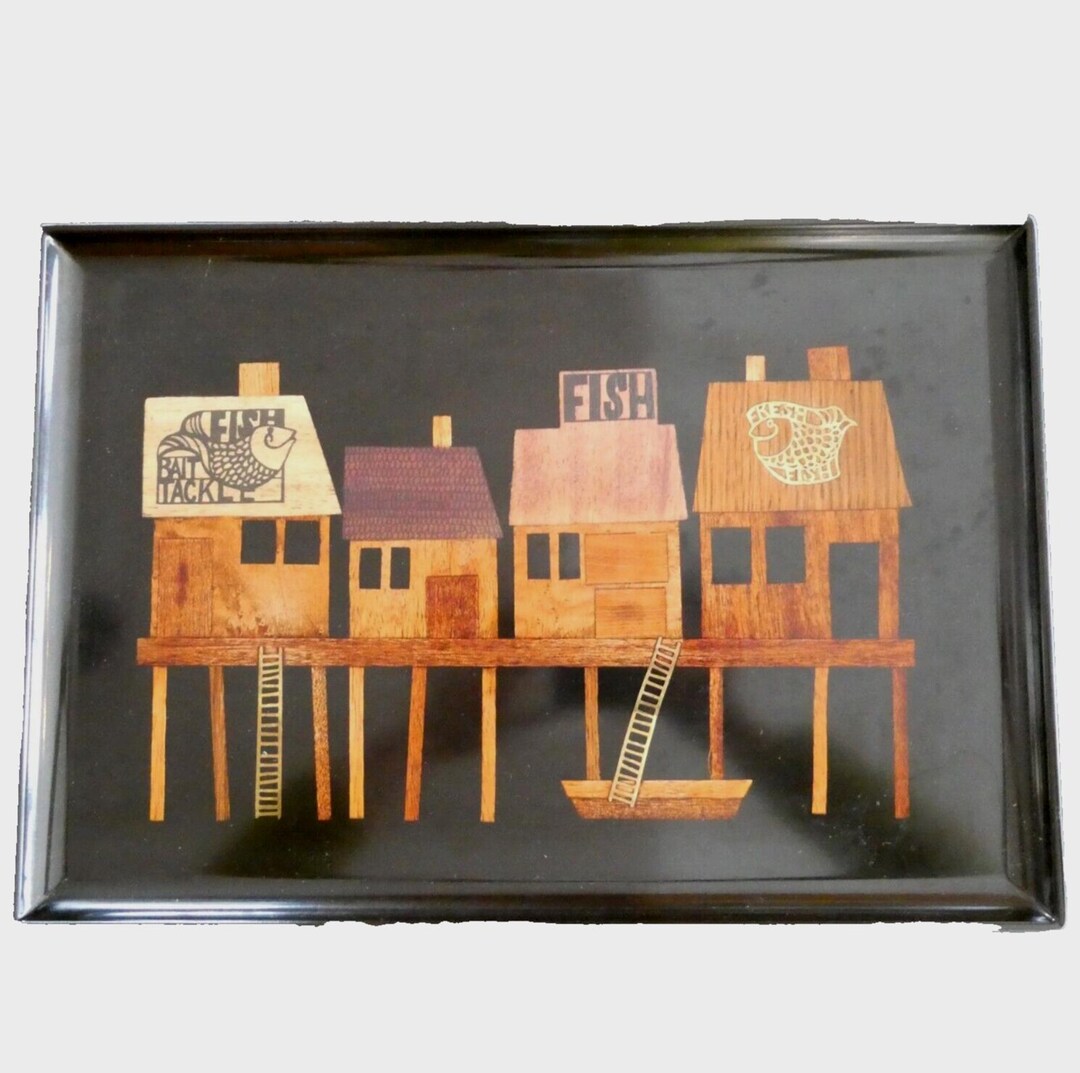 Couroc of Monterey Fishing Pier Tray 18x12.5 Inch Real Wood Metal Inlay ...
