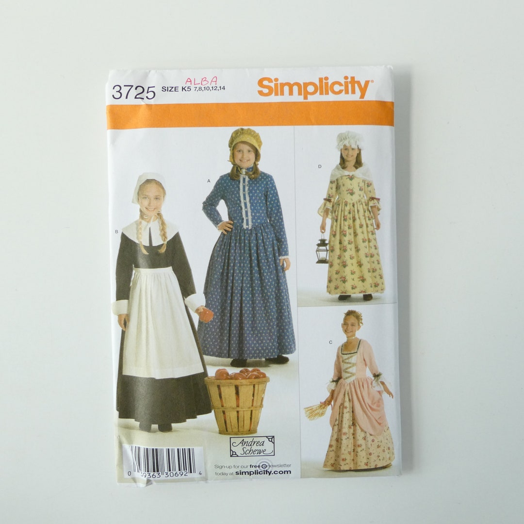 Simplicity 3725 Sewing Pattern Costume Colonial, Pioneer, Pilgrim Girls ...