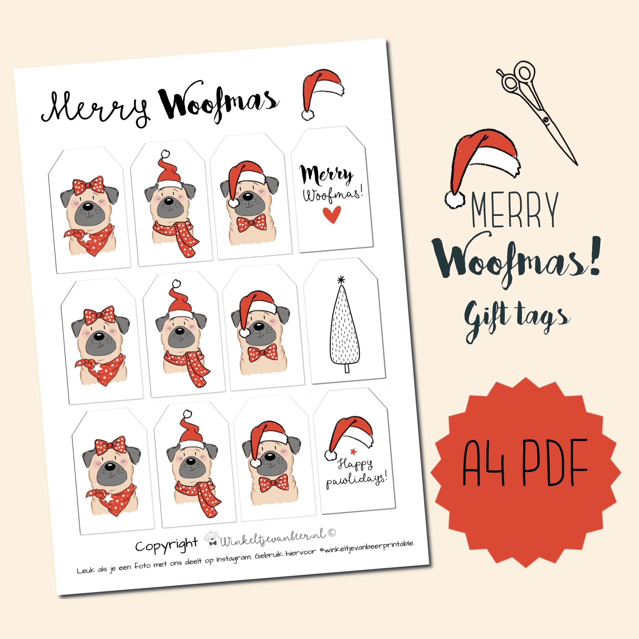 Cute Printable Gift Tags Pug Dog Printable Christmas Labels Christmas ...