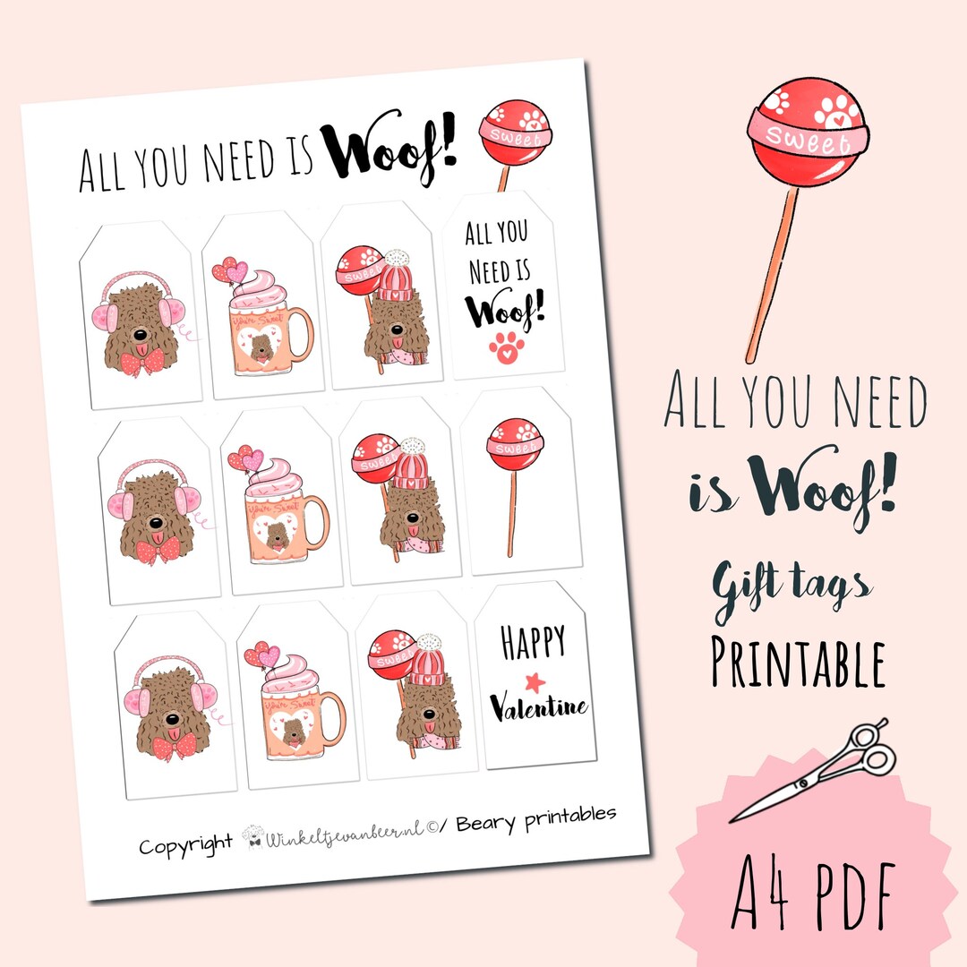 Happy Valentine Printable Gift Tags Print Labels Dogs Valentine's Day ...