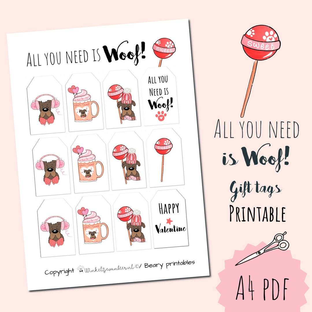 Happy Valentine Printable Gift Tags Cartoon Dog Print Labels Dogs ...