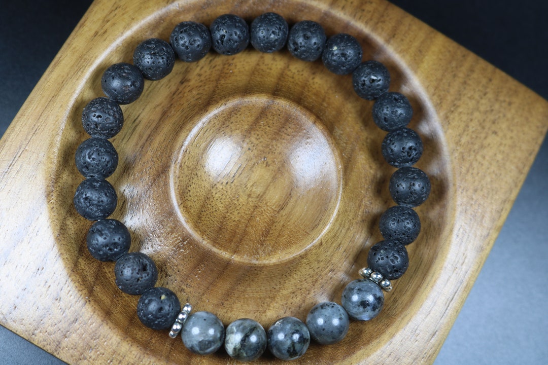 Lava and Larvikite Bracelet Man Jewelry Stretch Bracelet Man Bead Bracelet Heal Bracelet Lava ...