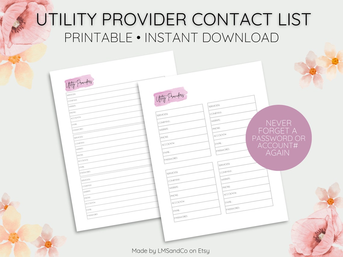 Utility Provider Contact List: Home Planner Printable (PDF) - Etsy