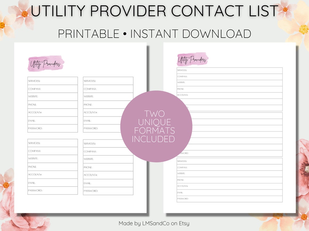 Utility Provider Contact List: Home Planner Printable (PDF) - Etsy