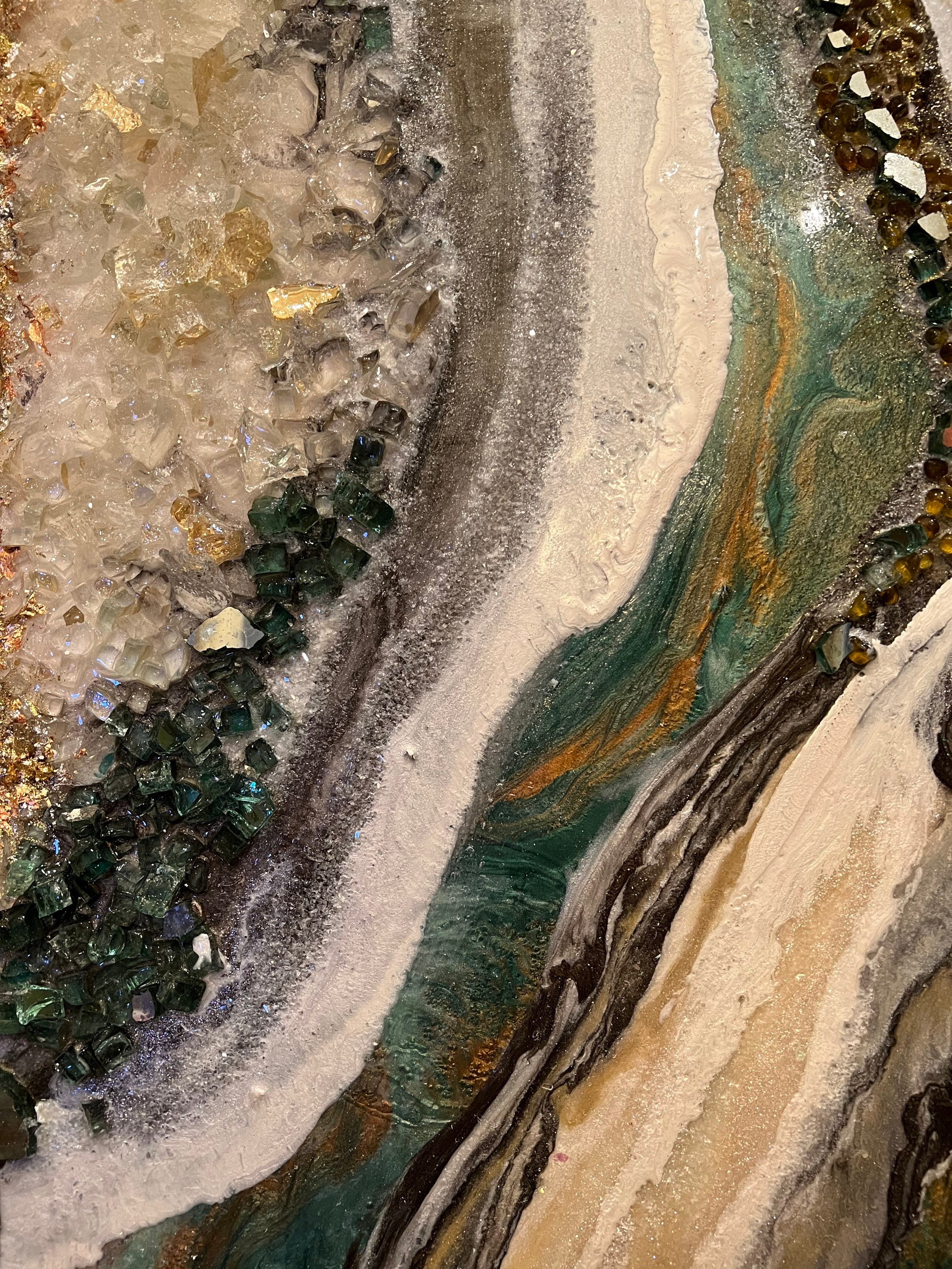 Crystal Geode Art, Teal, Cream, Gold Geode, Wall Hanging, Resin Art ...