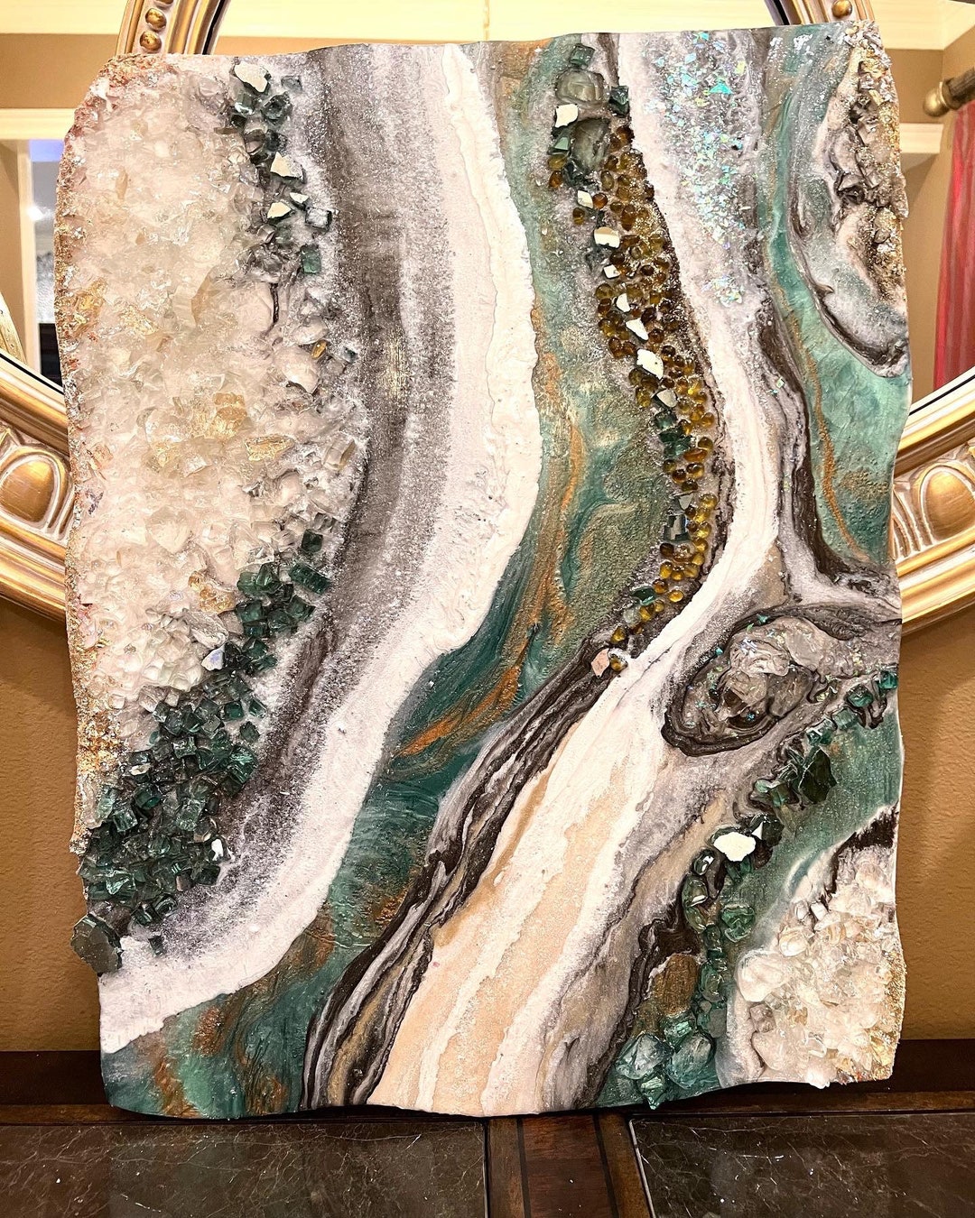 Crystal Geode Art, Teal, Cream, Gold Geode, Wall Hanging, Resin Art ...