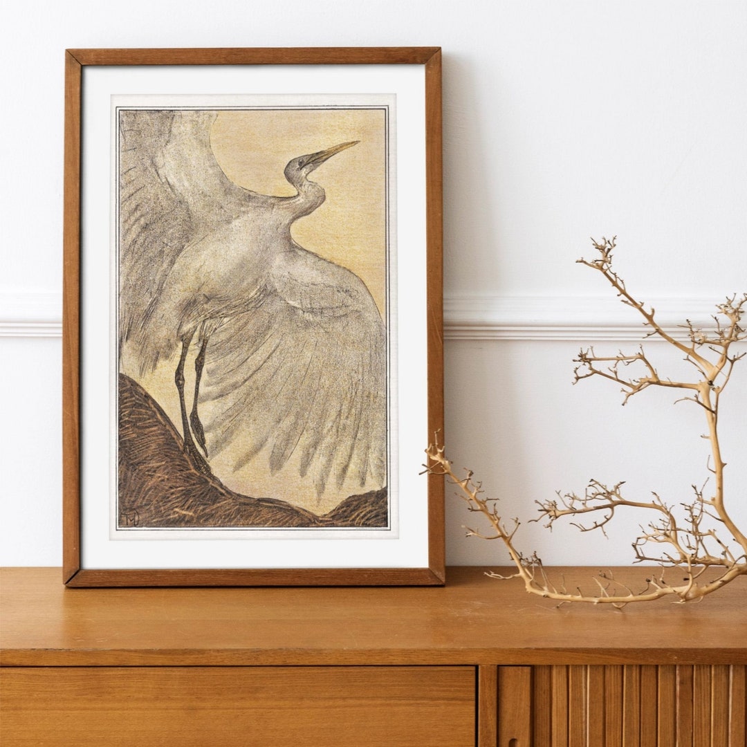 Theo Van Hoytema's Silver Heron Art Nouveau Poster, Bird Sketch and ...