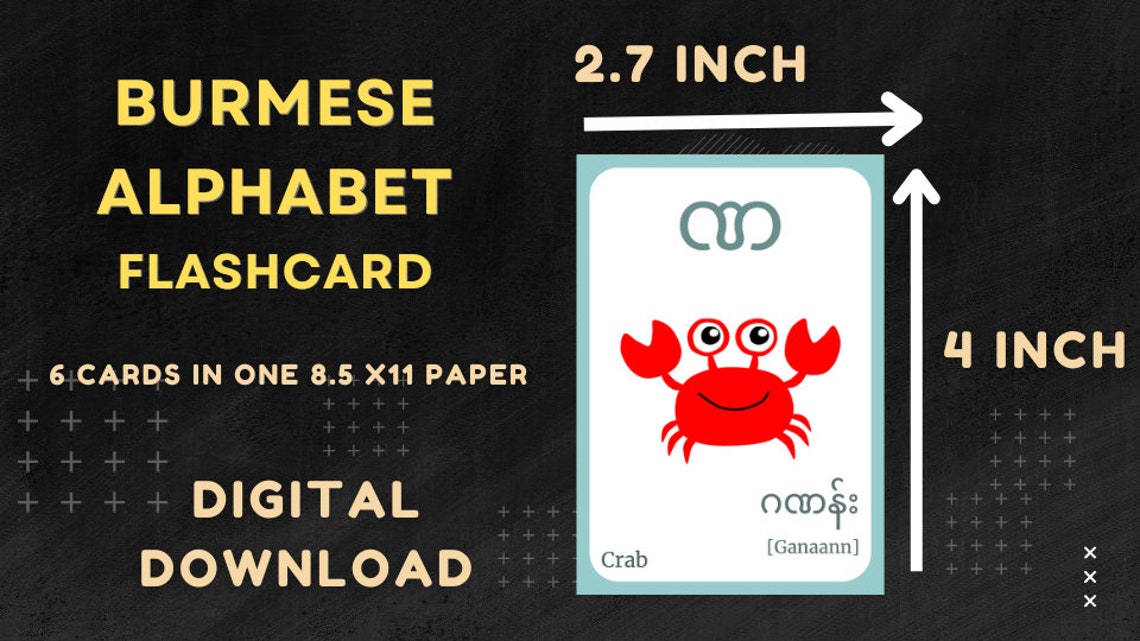 BURMESE Alphabet FLASHCARD With Picture, Learning Burmese, Burmese ...