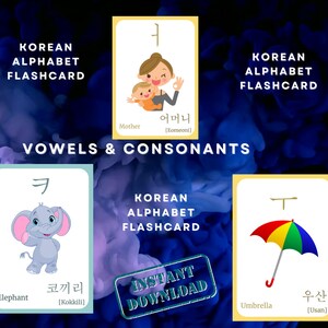 KOREAN Alphabet FLASHCARD Vowels and Consonants , Single and Double ...
