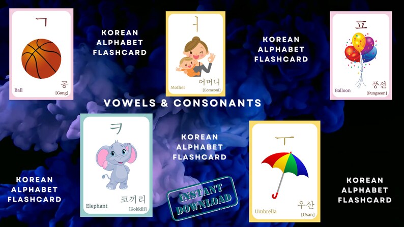 KOREAN Alphabet FLASHCARD Vowels and Consonants , Single and Double ...