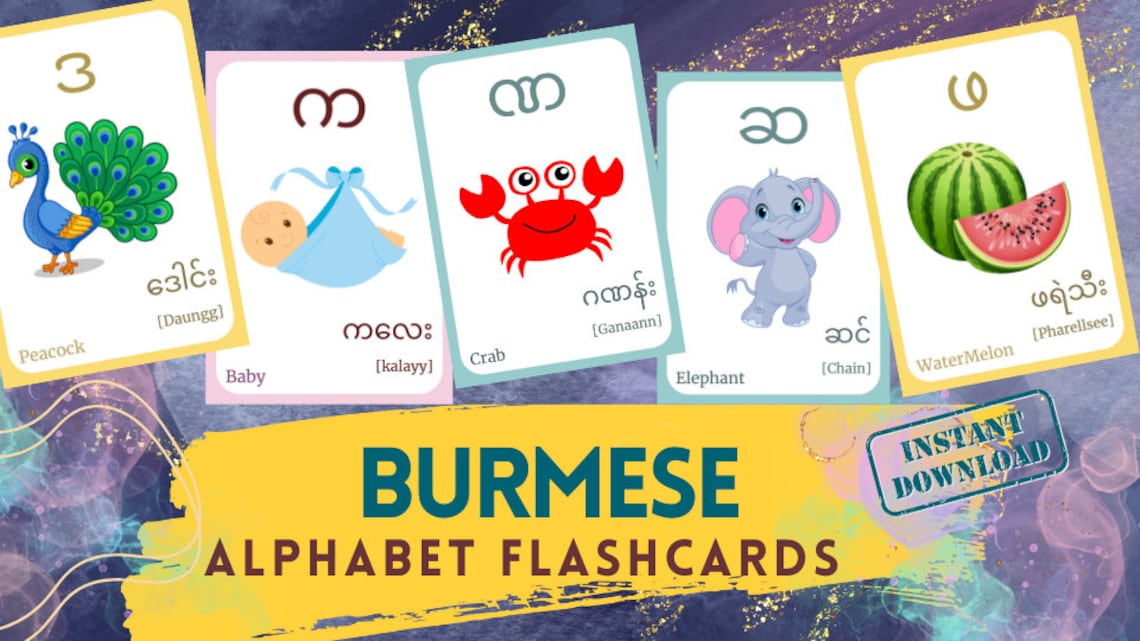 BURMESE Alphabet FLASHCARD With Picture, Learning Burmese, Burmese ...
