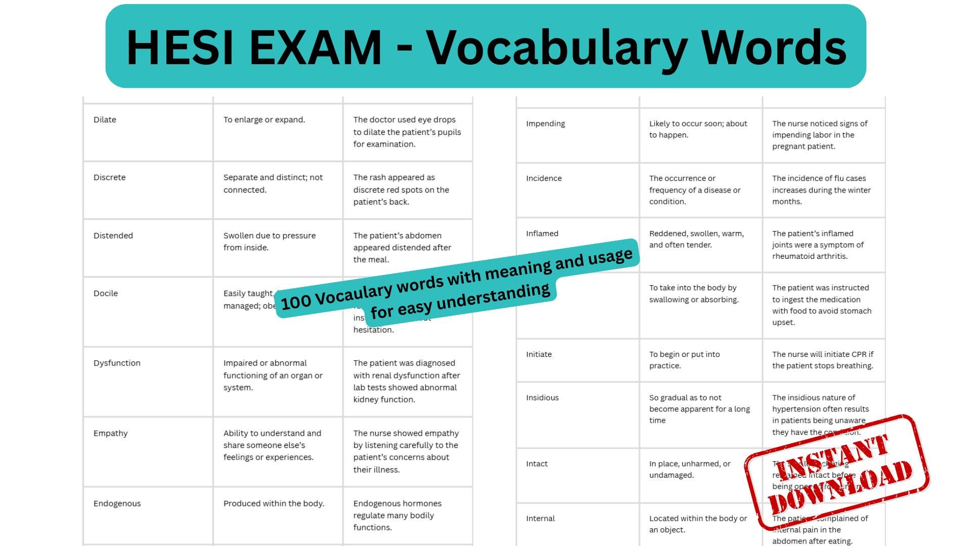 HESI EXAM - Study Notes, Formulas, 100 Vocabulary Words, 100+ Q&A With ...