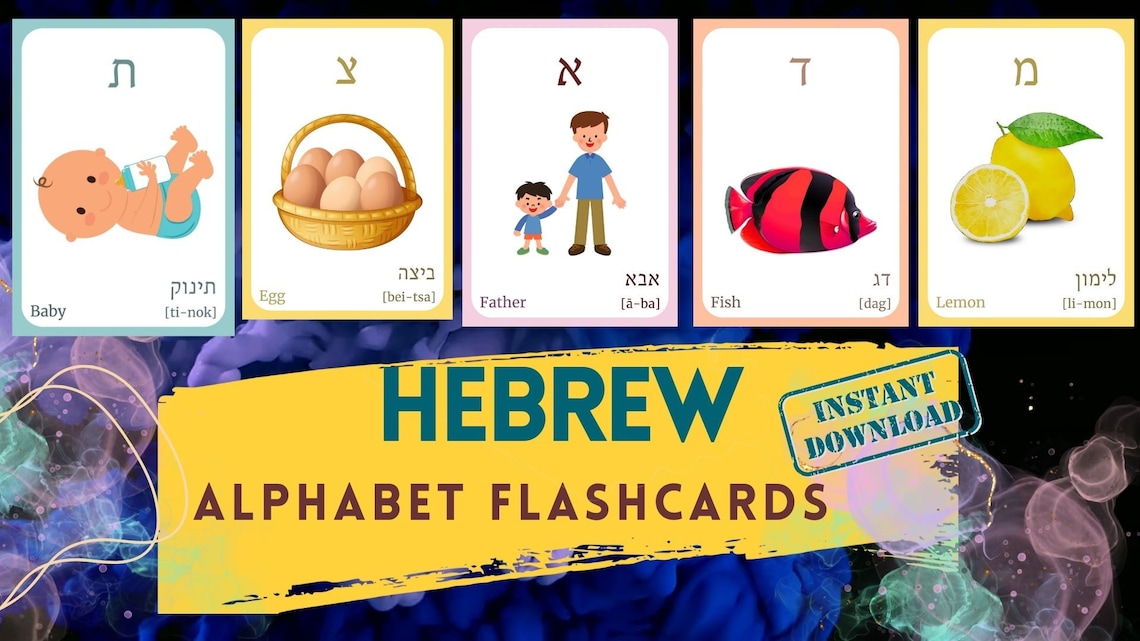 HEBREW Alphabet FLASHCARD With Picture, Learning HEBREW, Hebrew Letter ...