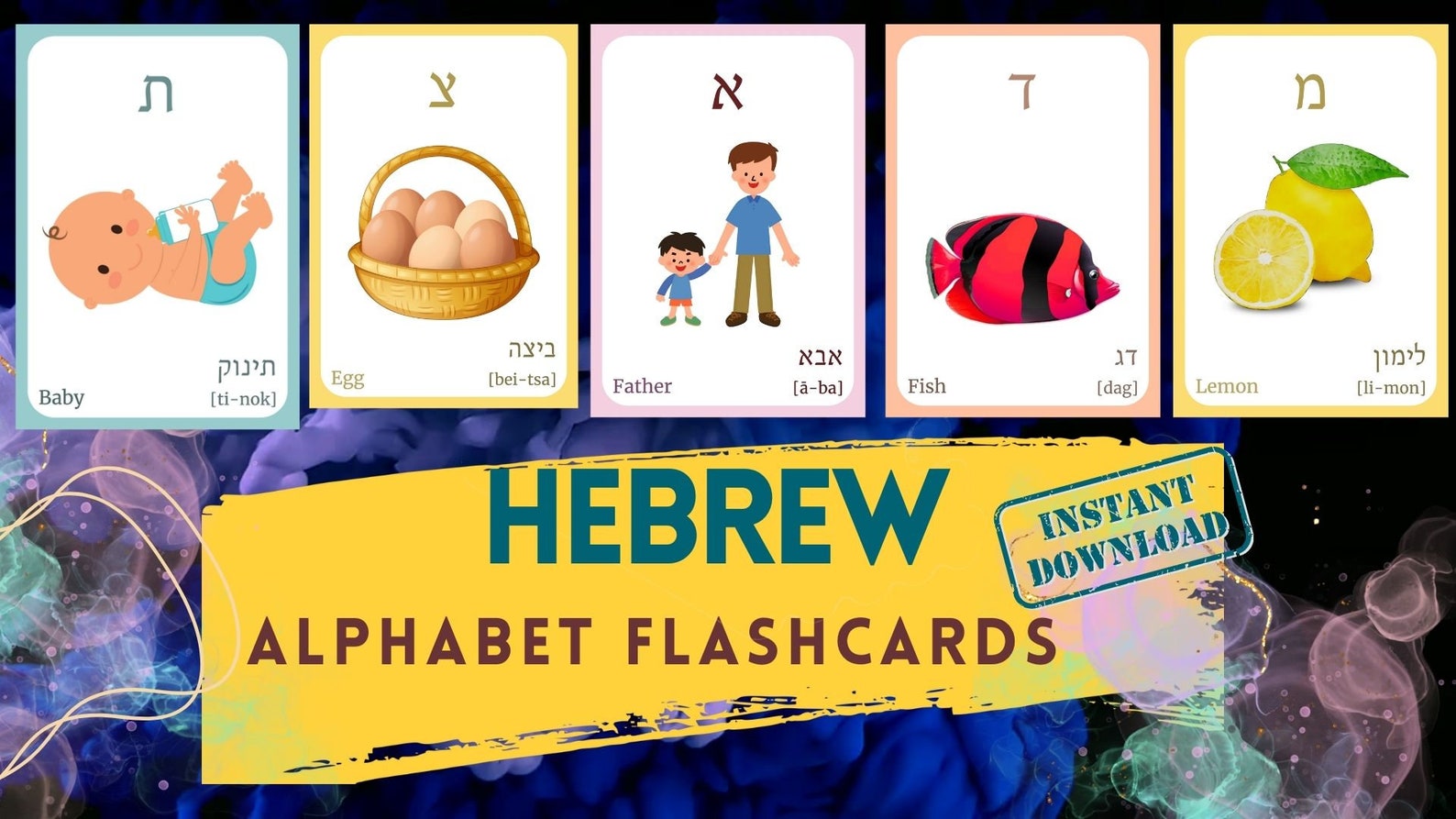 HEBREW Alphabet FLASHCARD With Picture, Learning HEBREW, Hebrew Letter ...