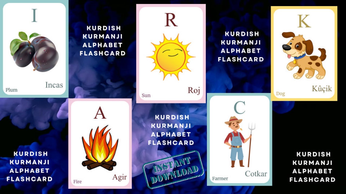 KURDISH Kurmanji Alphabet FLASHCARD With Picture, Learning Kurdish ...