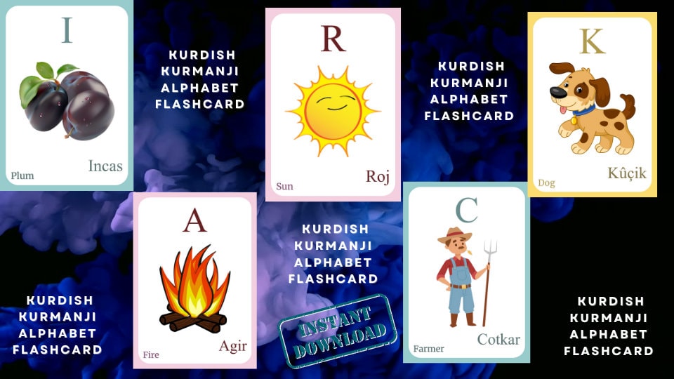 KURDISH Kurmanji Alphabet FLASHCARD With Picture, Learning Kurdish ...