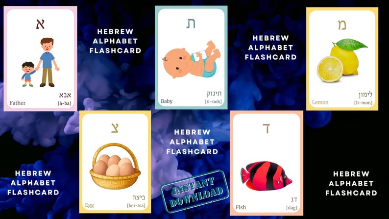 HEBREW Alphabet FLASHCARD With Picture, Learning HEBREW, Hebrew Letter ...