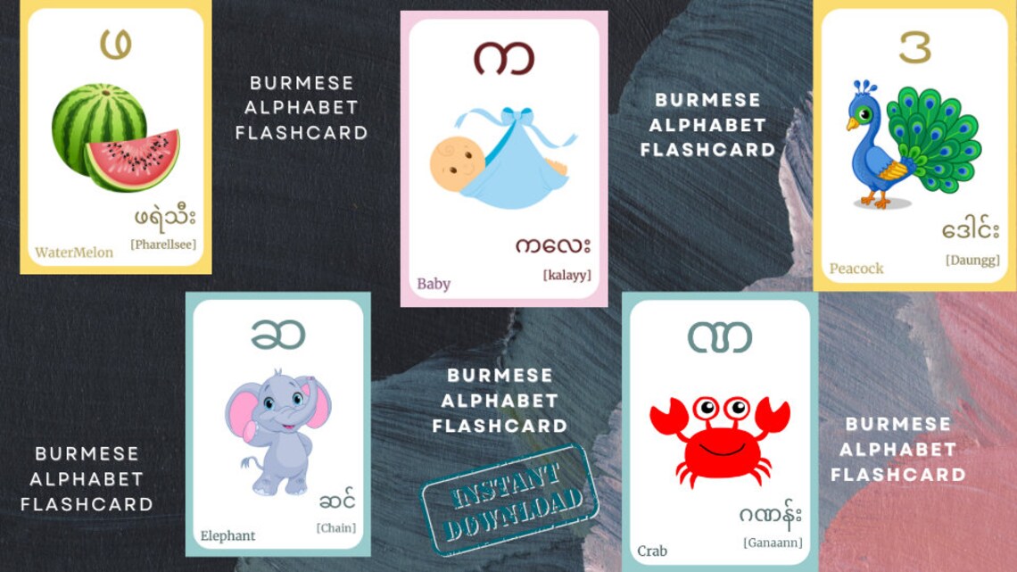 BURMESE Alphabet FLASHCARD With Picture, Learning Burmese, Burmese ...