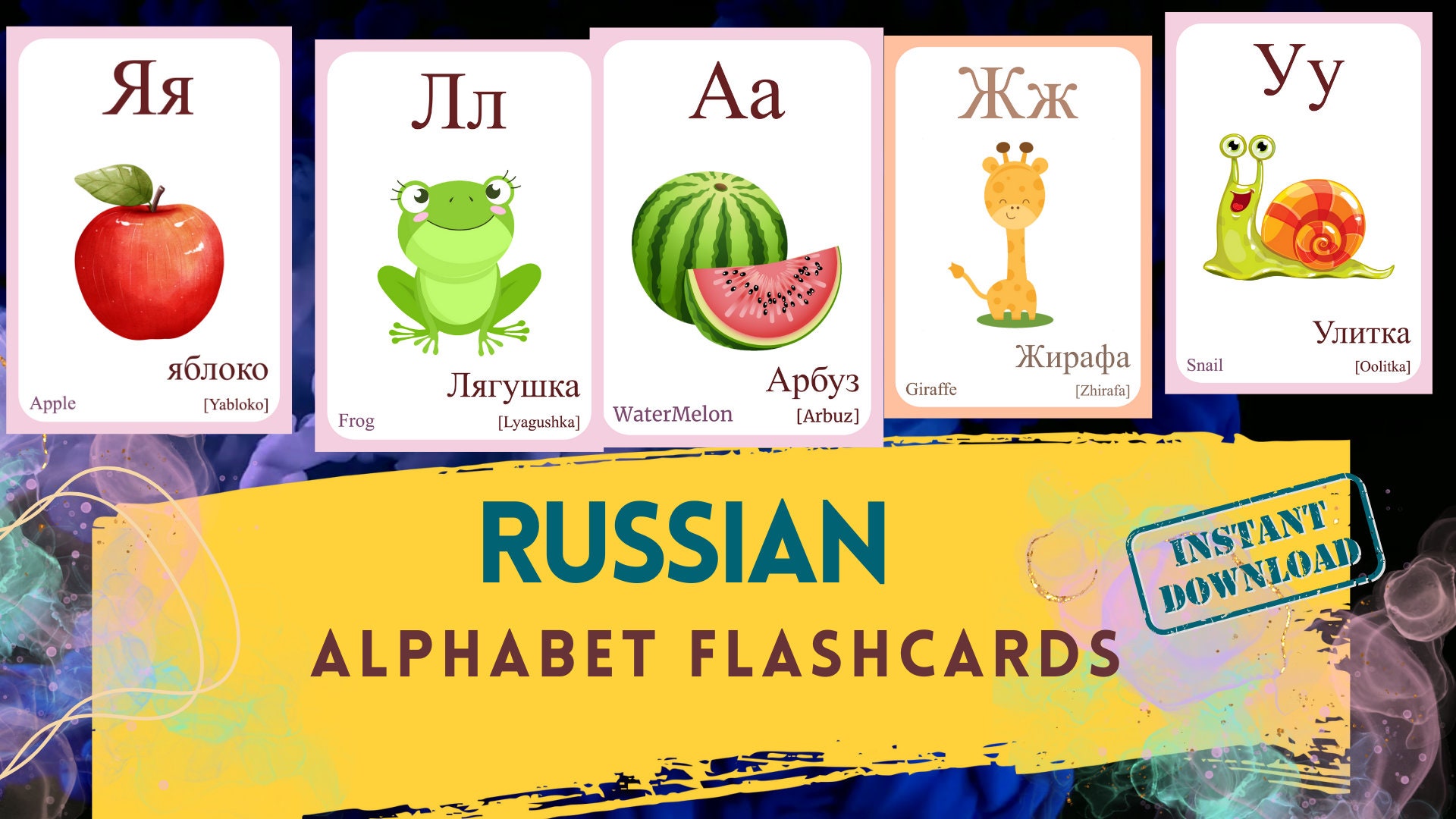 RUSSIAN Alphabet FLASHCARD With Picture, Learning RUSSIAN, Russian ...