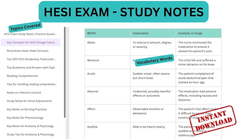 HESI EXAM - Study Notes, Formulas, 100 Vocabulary Words, 100+ Q&A With ...