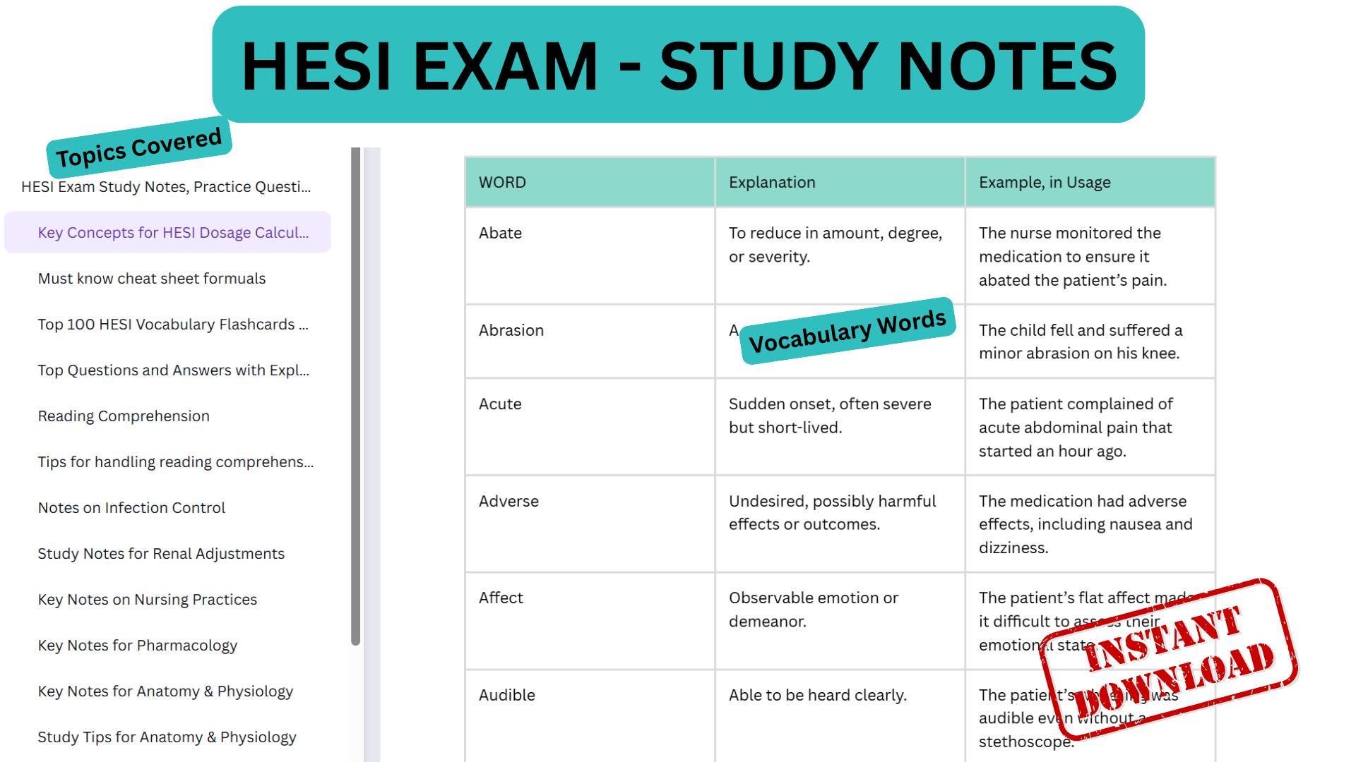 HESI EXAM - Study Notes, Formulas, 100 Vocabulary Words, 100+ Q&A With ...