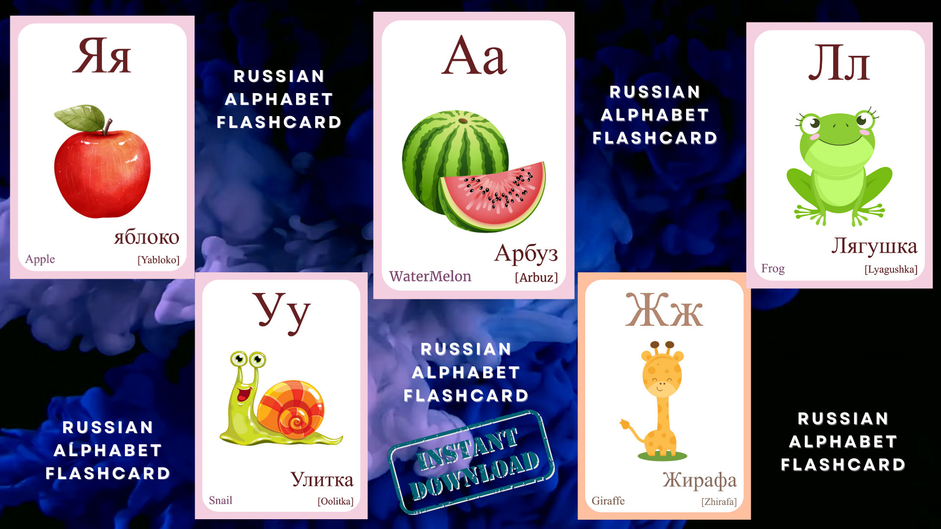 RUSSIAN Alphabet FLASHCARD With Picture, Learning RUSSIAN, Russian ...