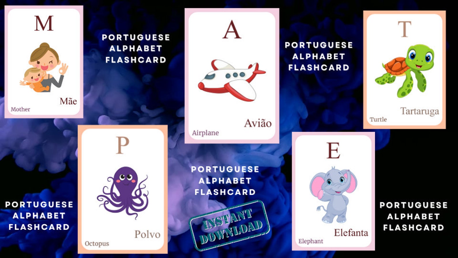 PORTUGUESE Alphabet FLASHCARD With Picture, Learning PORTUGUESE ...